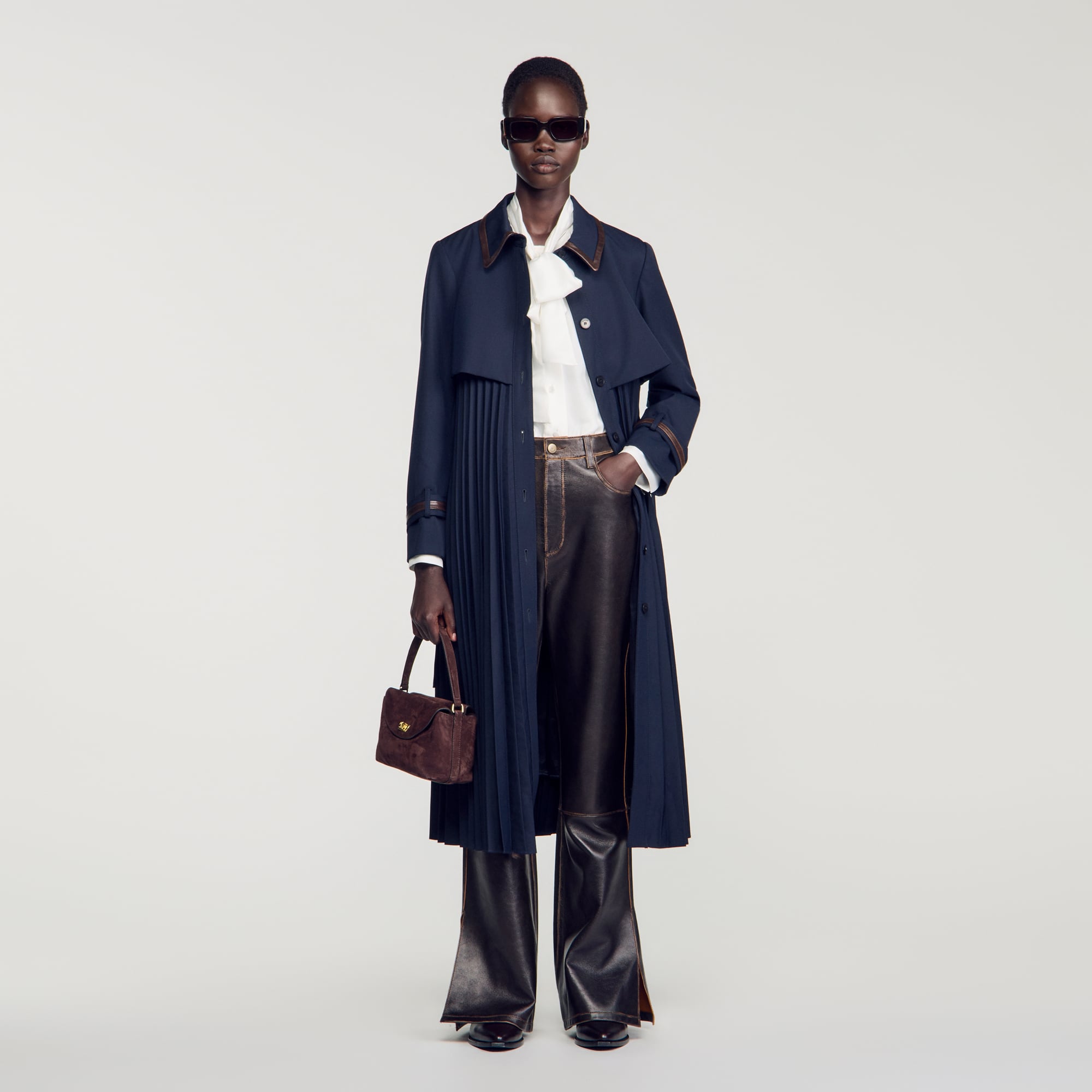SANDRO Sandro Trench Coat with Pleated Leather Collar